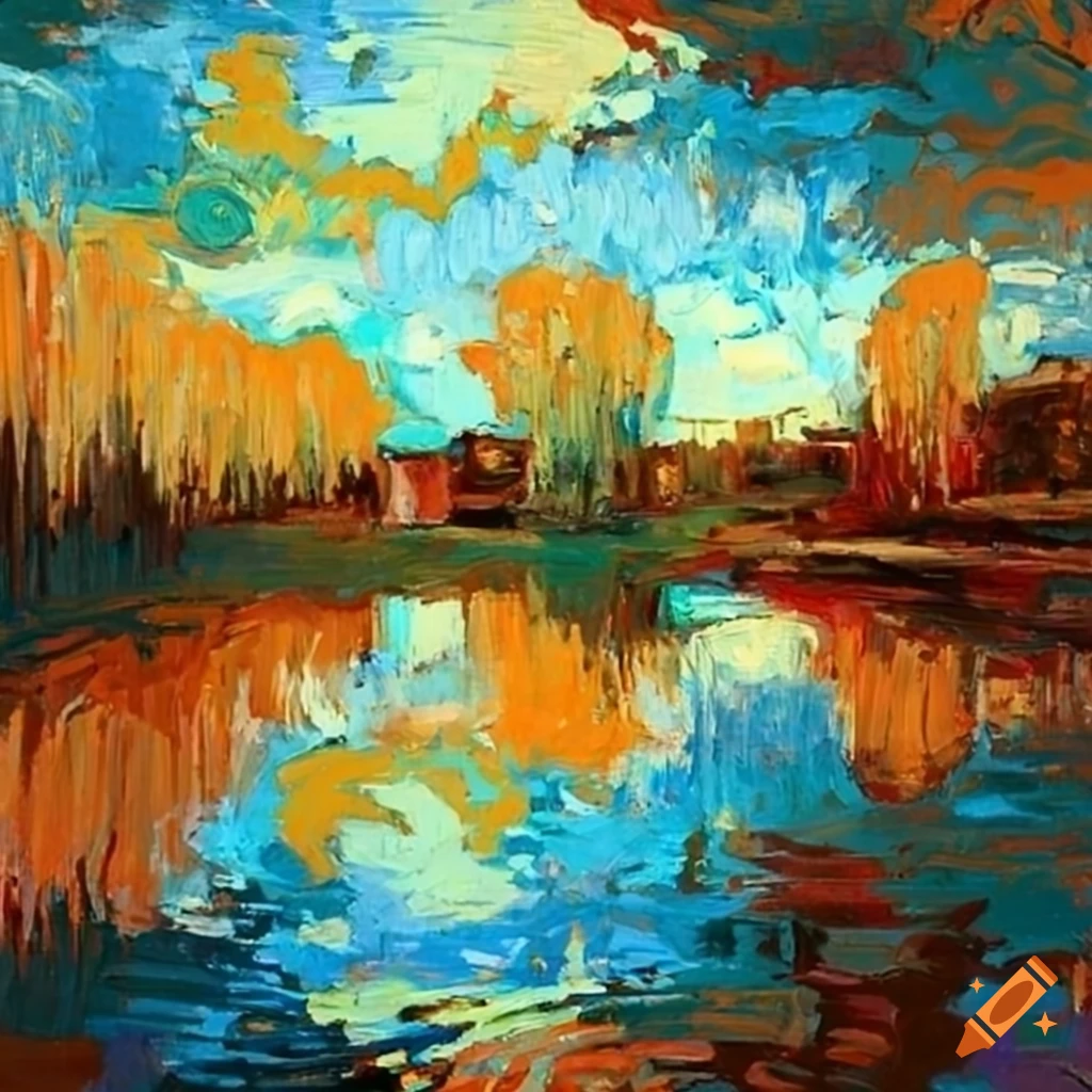 Abstract van gogh style river landscape with boats and forest ...