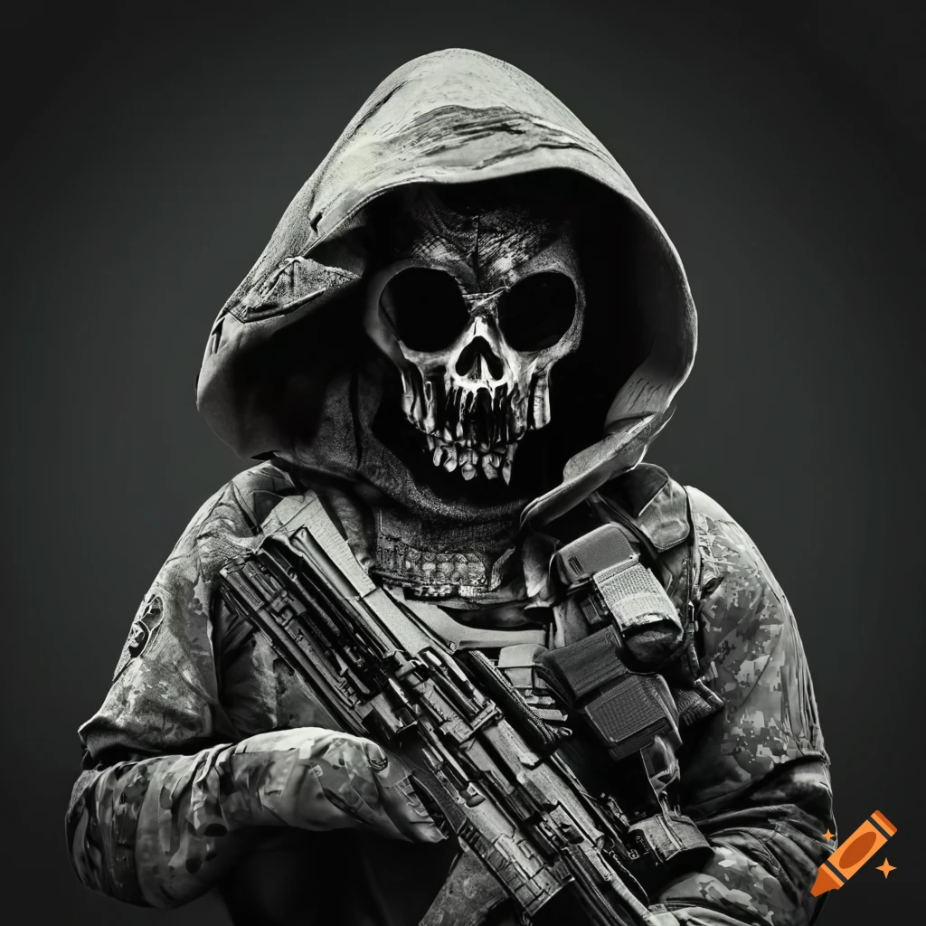 Ghostly skull with night vision goggles and rifles crossed in black and ...