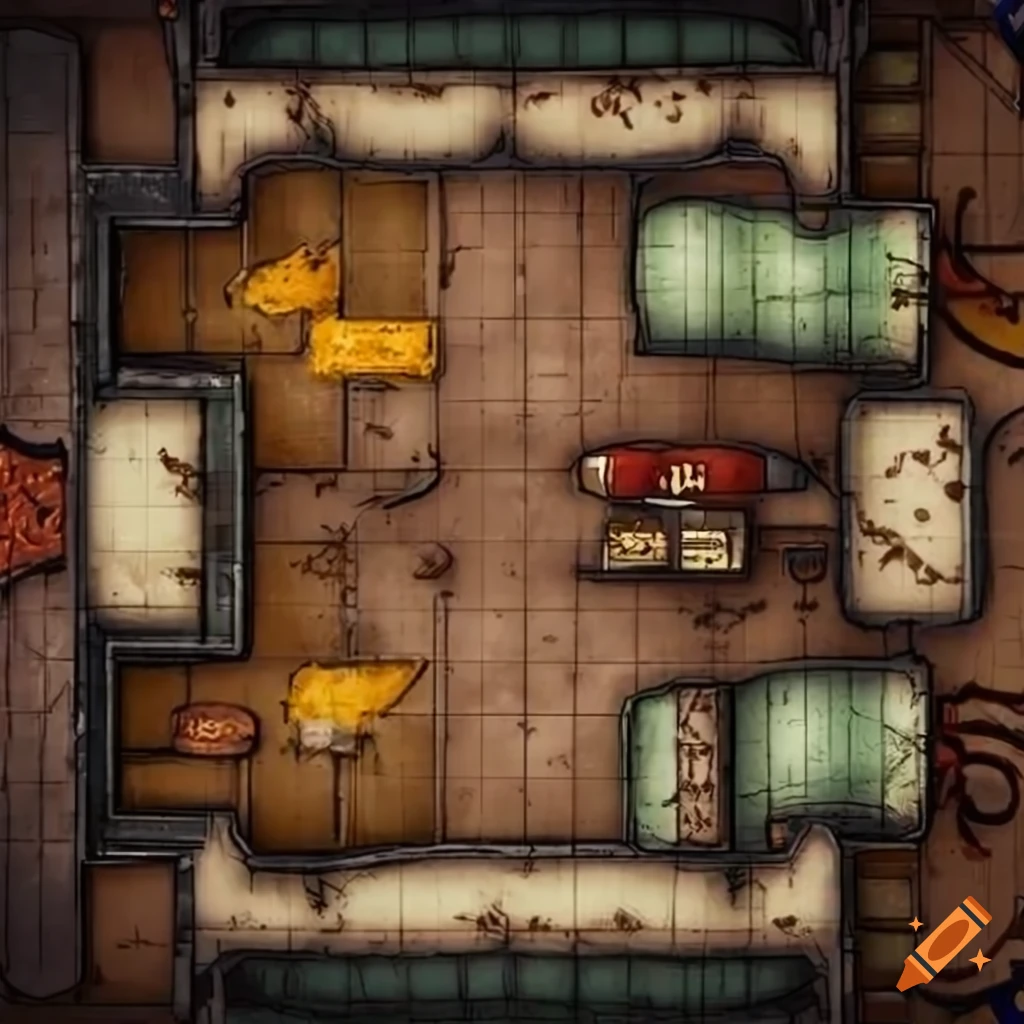 Fallout-style fast food restaurant interior battlemap on Craiyon