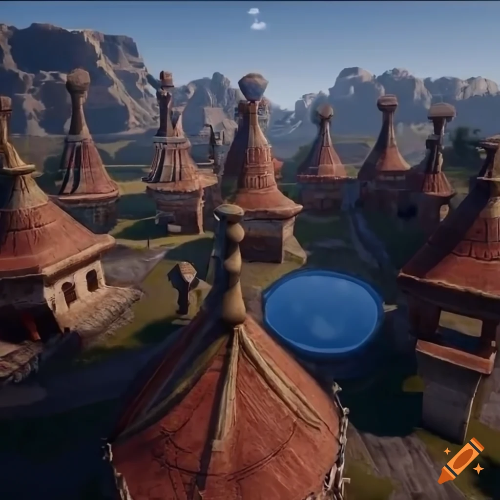 Etruscan-Hittite-Viking temple with village and corn fields under blue ...