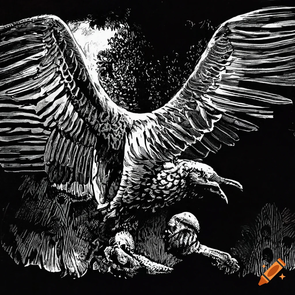 Vultures attacking medieval workers in a dark vintage black ink drawing ...