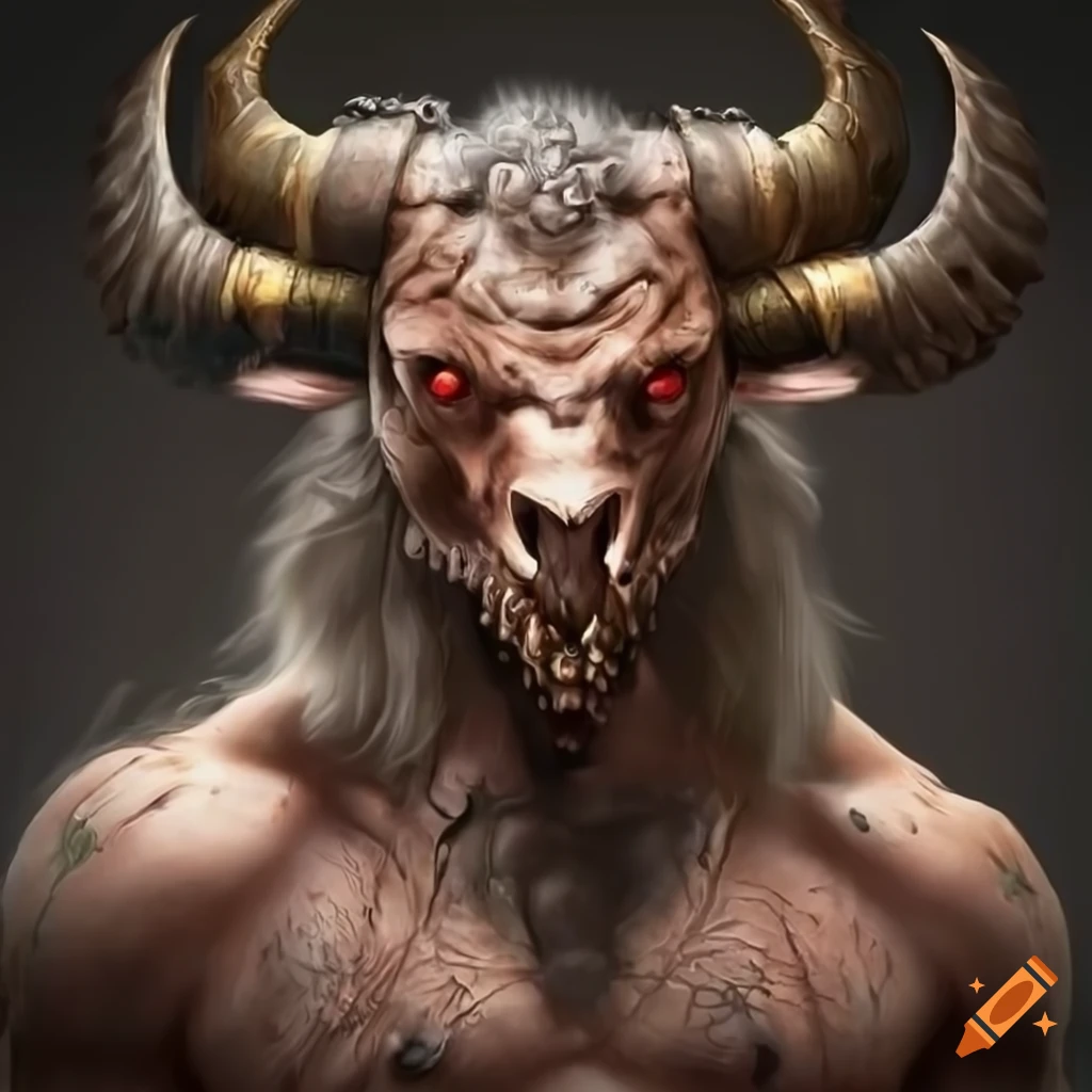 Mythological warrior with raven head and minotaur horns in rich ...