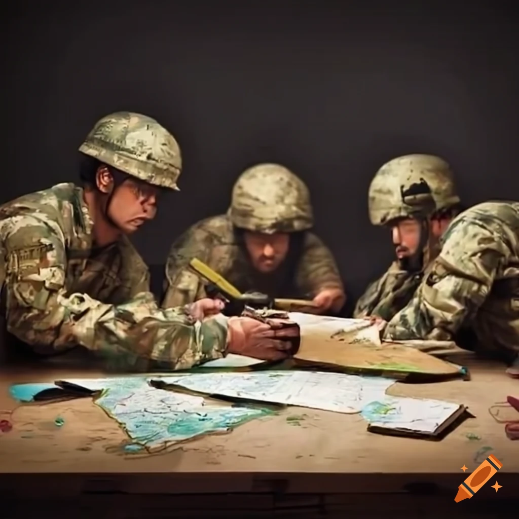 Soldiers strategizing around a table with a map on Craiyon