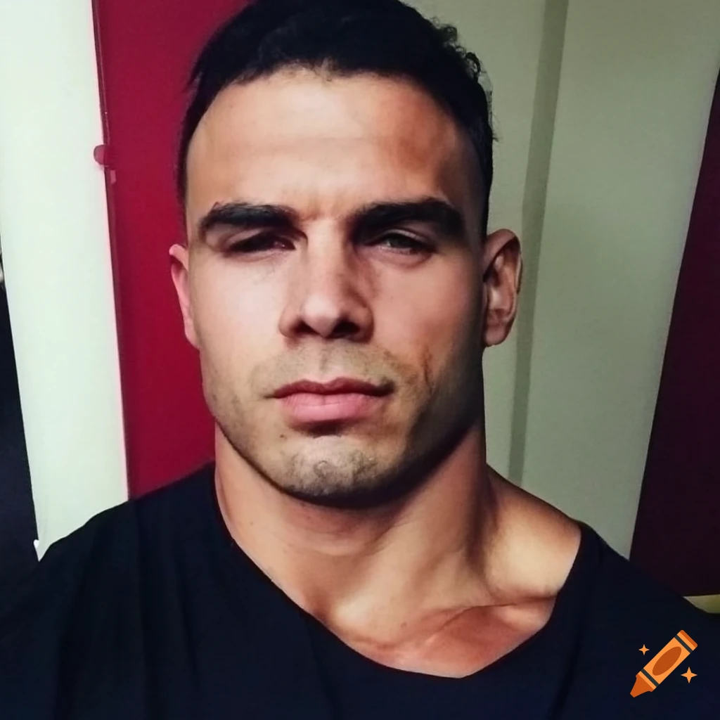 Muscular man taking a selfie with rugged features on Craiyon