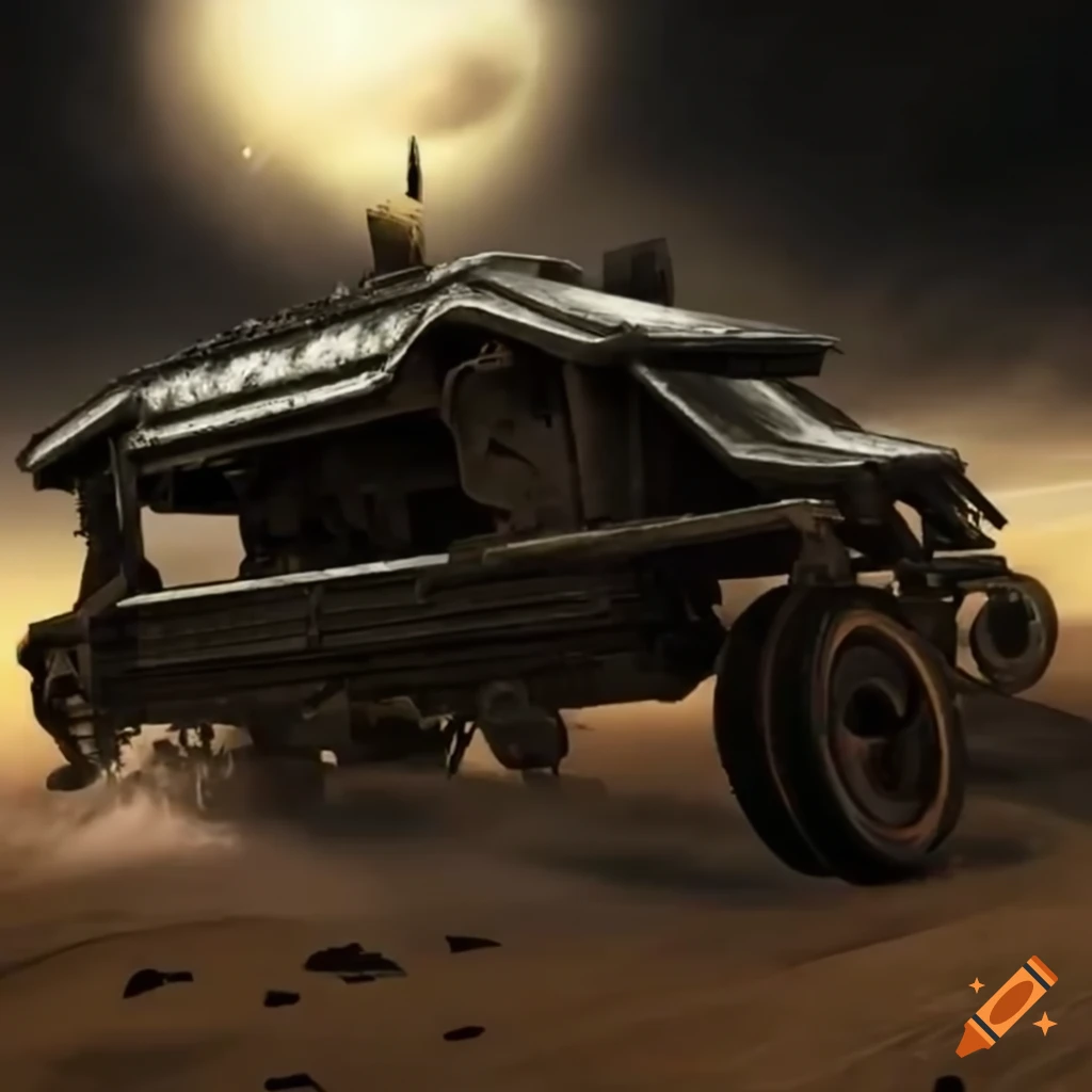 Dark evil temple-vehicle moving through a wasteland at high speed on ...