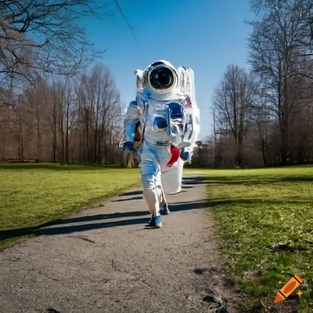 Wide view of a park with a jogging astronaut athlete in the distance on ...