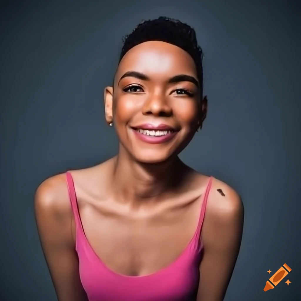 Smiling trans woman of color with short hair captured by a wide-angle lens on Craiyon