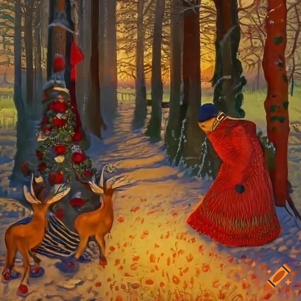 Christmas forest scene with poinsettia trees, evergreens, snow, and ...