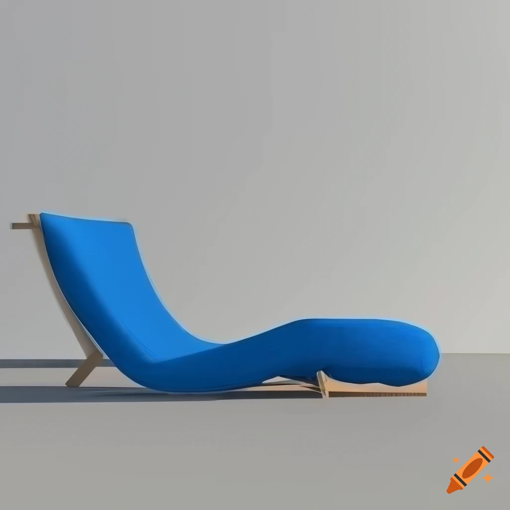 Minimal 3D design of a long blue pouf deck chair against a white wall ...