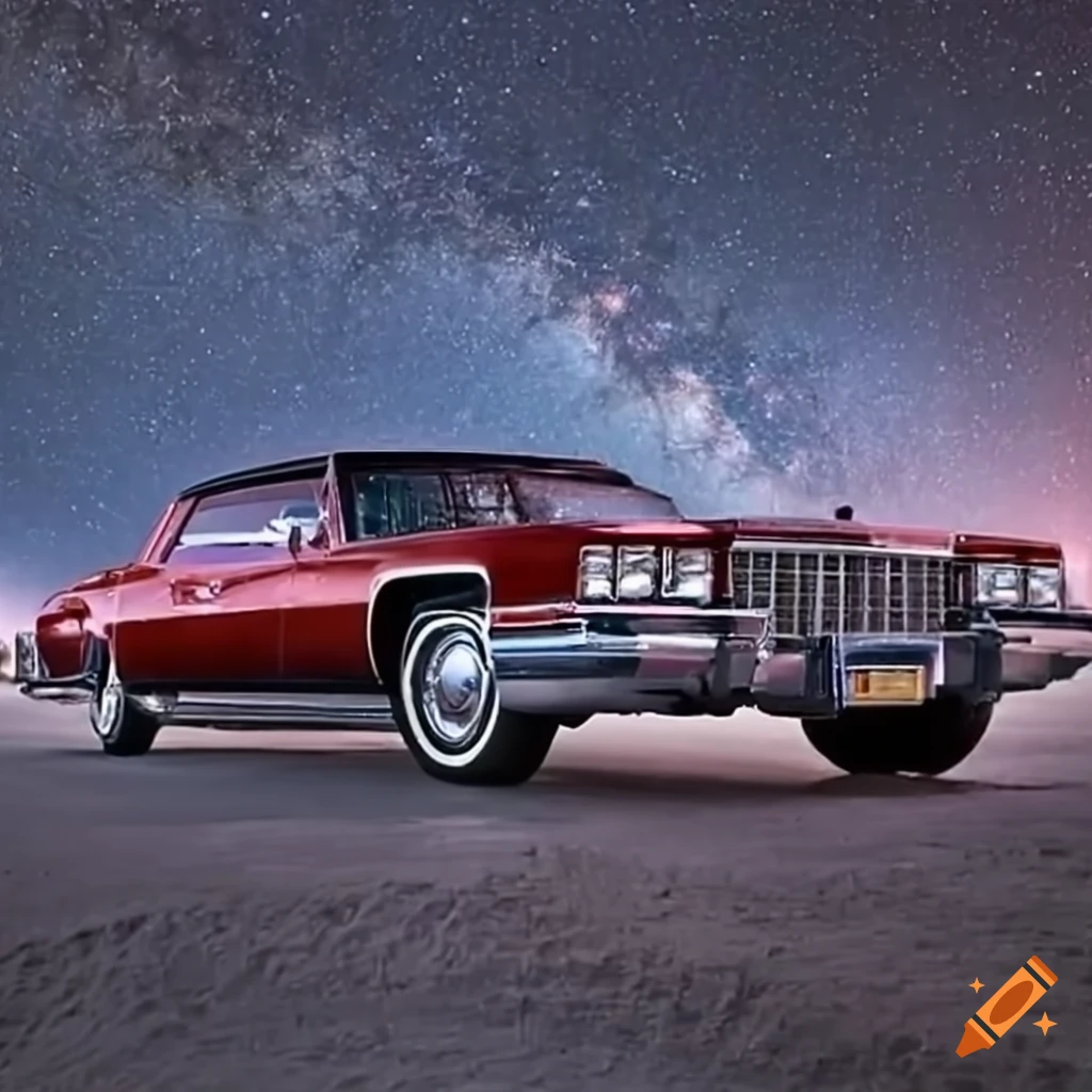 Vintage red Cadillac Coupe 1973 under the Milky Way on a late winter ...