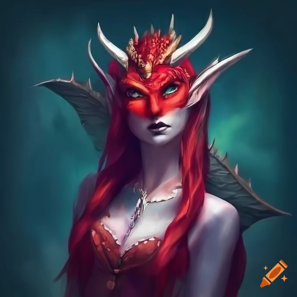 Portrait of a half-dragon woman with red scales and draconic features on Craiyon