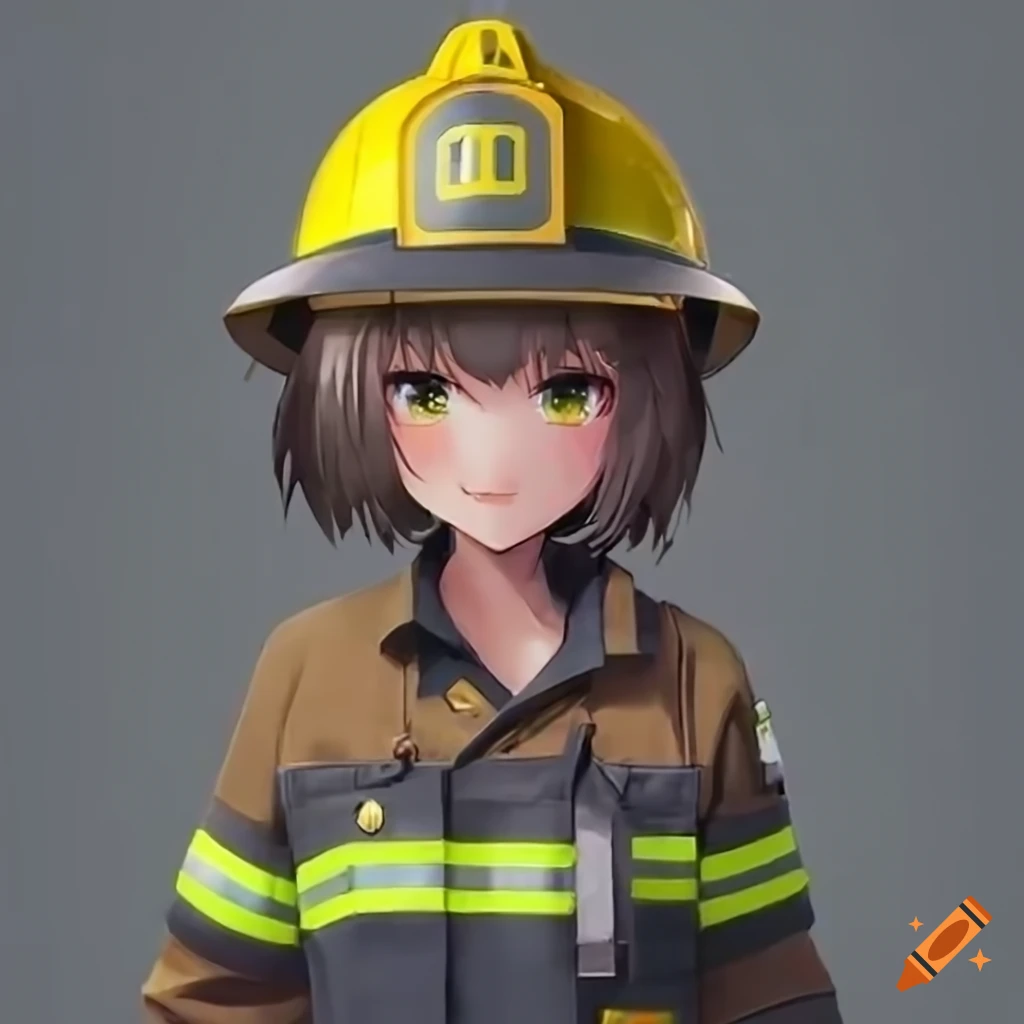 Anime girl in post-apocalyptic firefighter attire with medium brown ...