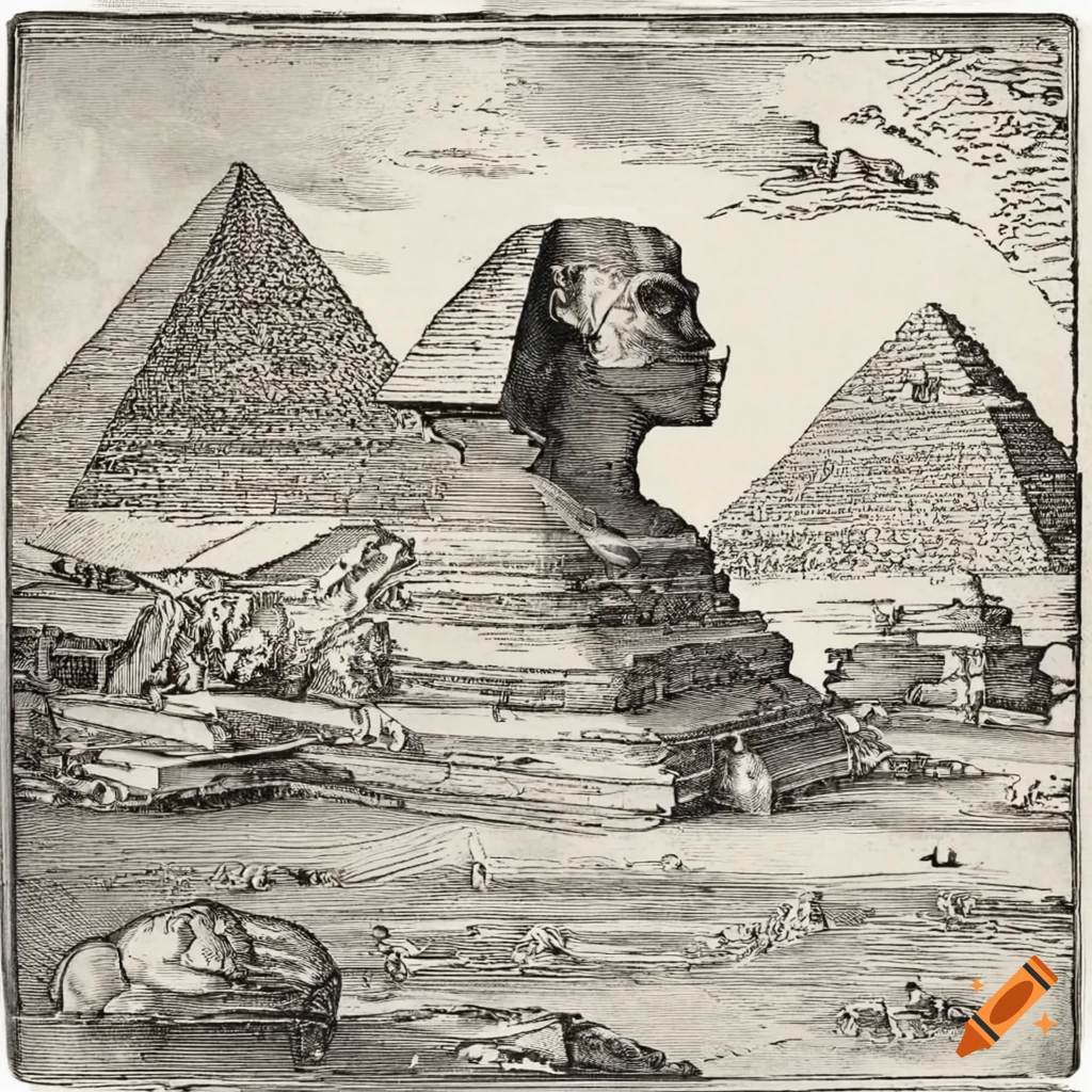 Sphinx and pyramids of Giza in Albrecht Dürer style engraving on Craiyon