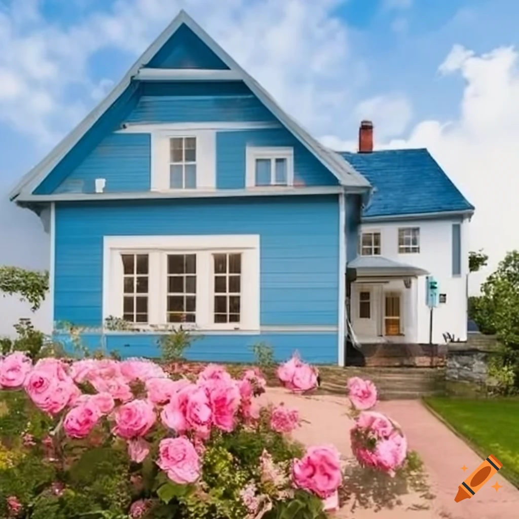 Three-story blue cottage house in a pastel field with pink roses on Craiyon