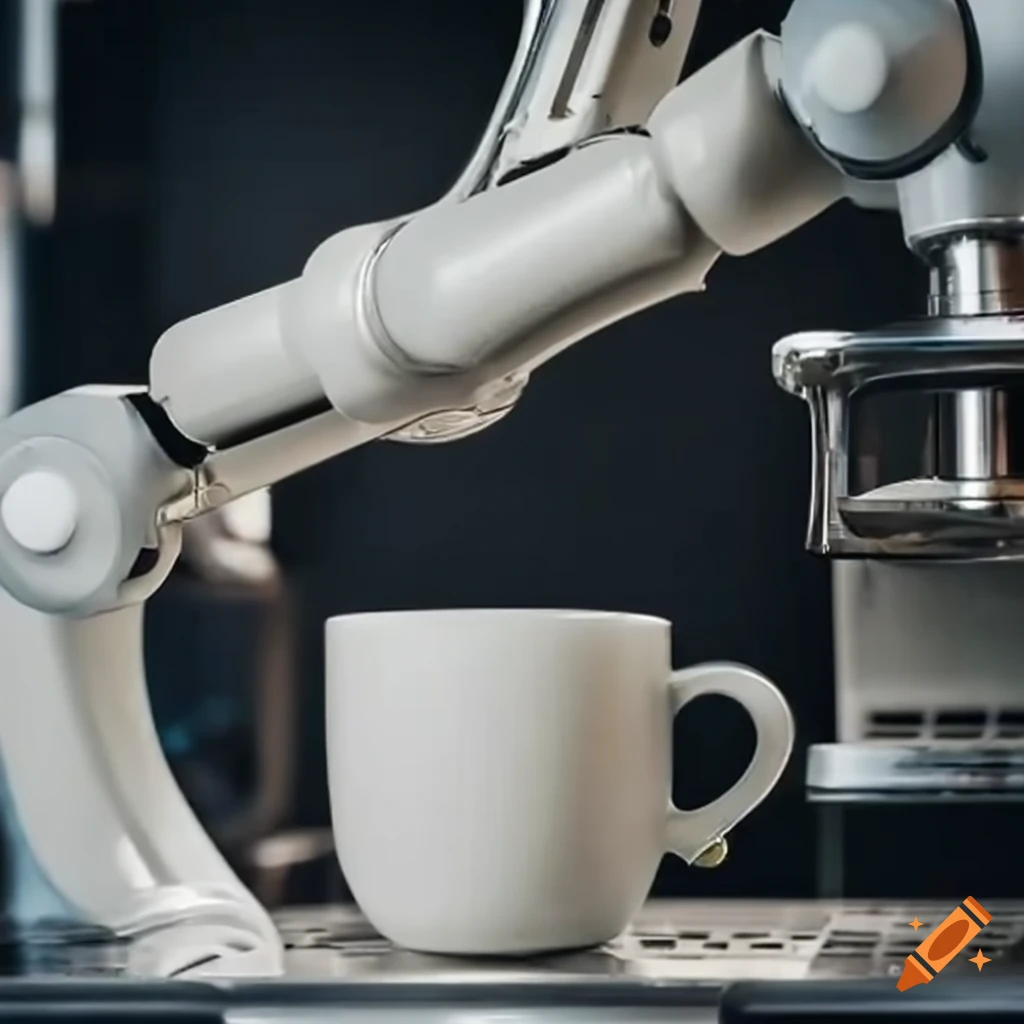 Italian espresso machine with industrial robot arm and mug on Craiyon