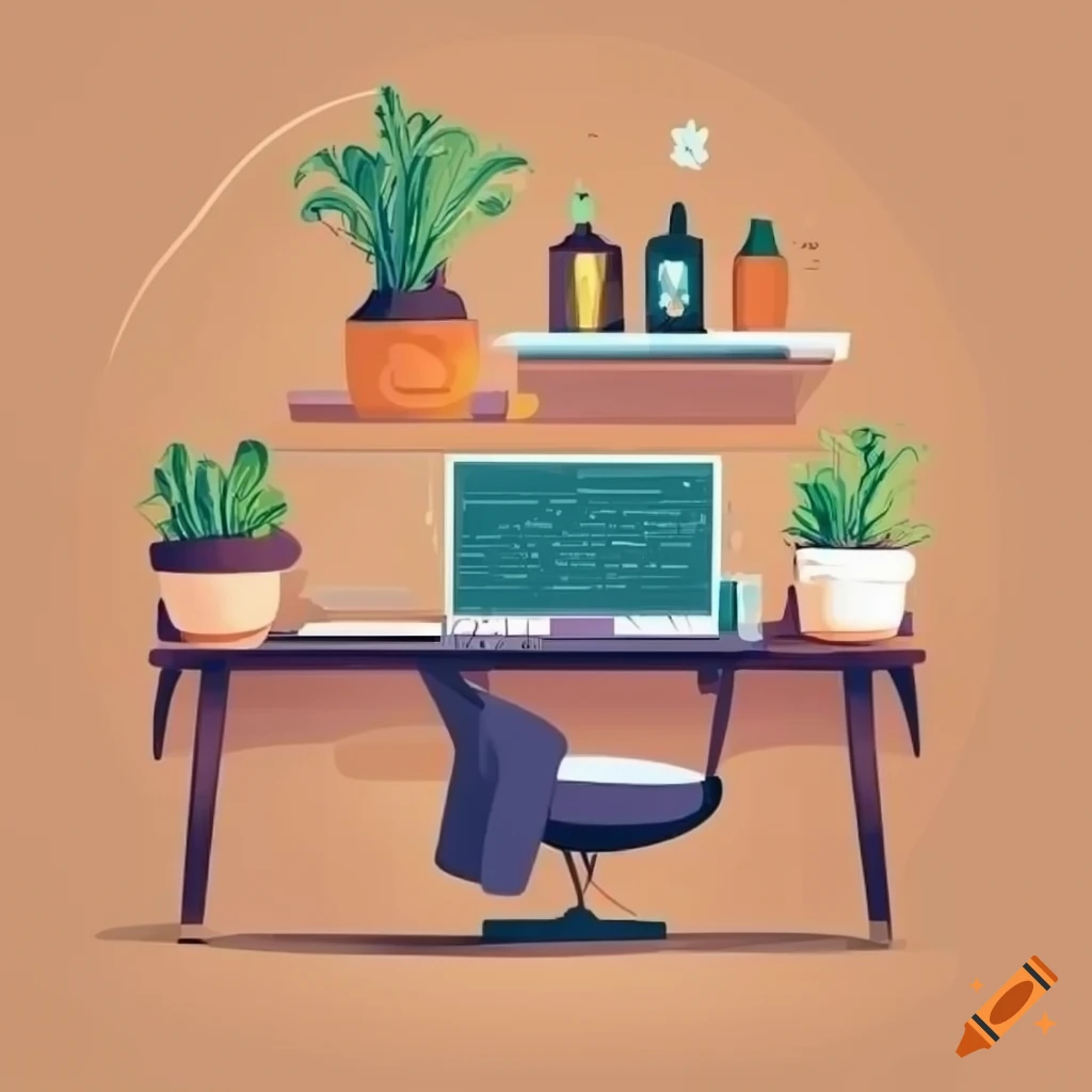 Flat design illustration of a computer on a desk with various objects ...