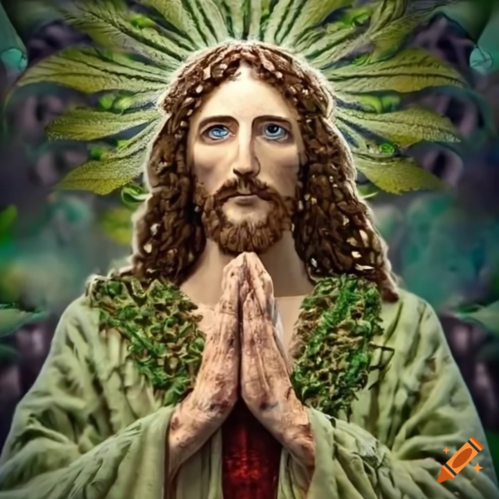 Artistic representation of jesus made using cannabis leaves on Craiyon
