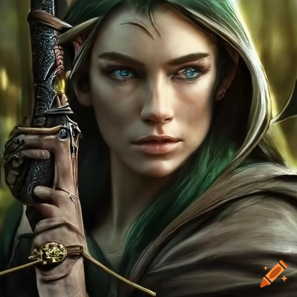Female elven ranger portrayed by timothy dalton with high realism on Craiyon
