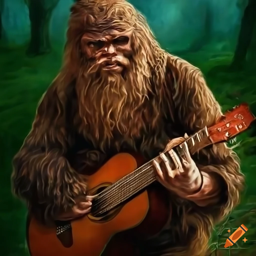 Medieval-style portrait of Sasquatch playing guitar in nature on Craiyon