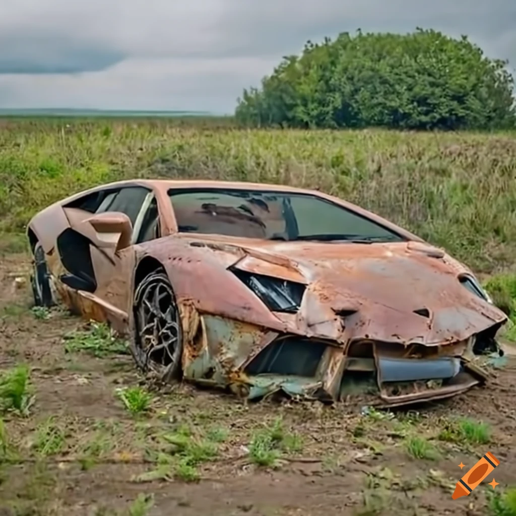 Abandoned rusty lamborghini aventador in a field on Craiyon