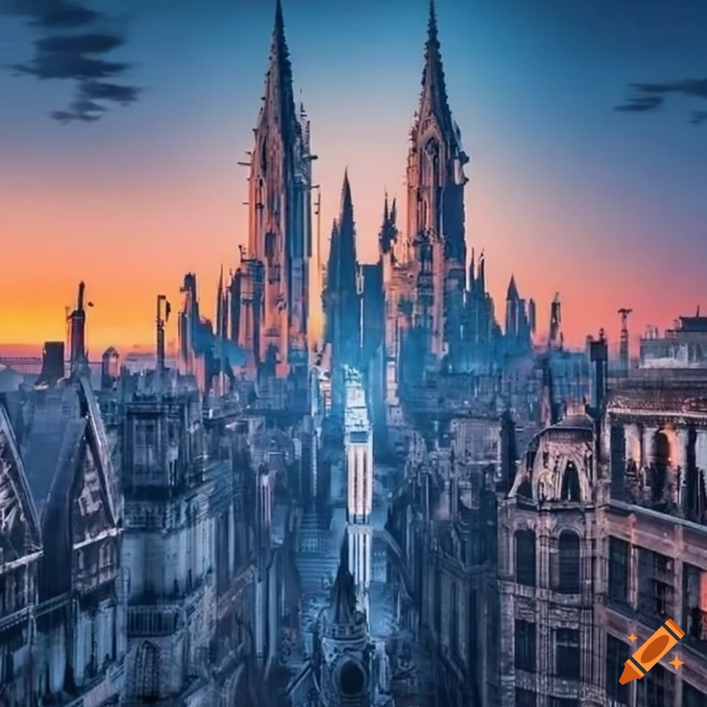 Futuristic gothic city with impressive structures at sunset on Craiyon
