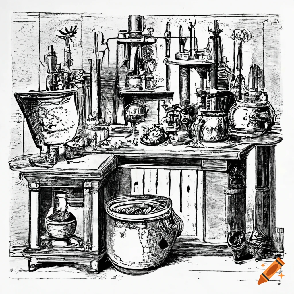 Intricately detailed old ink drawing of an alchemist's laboratory with ...