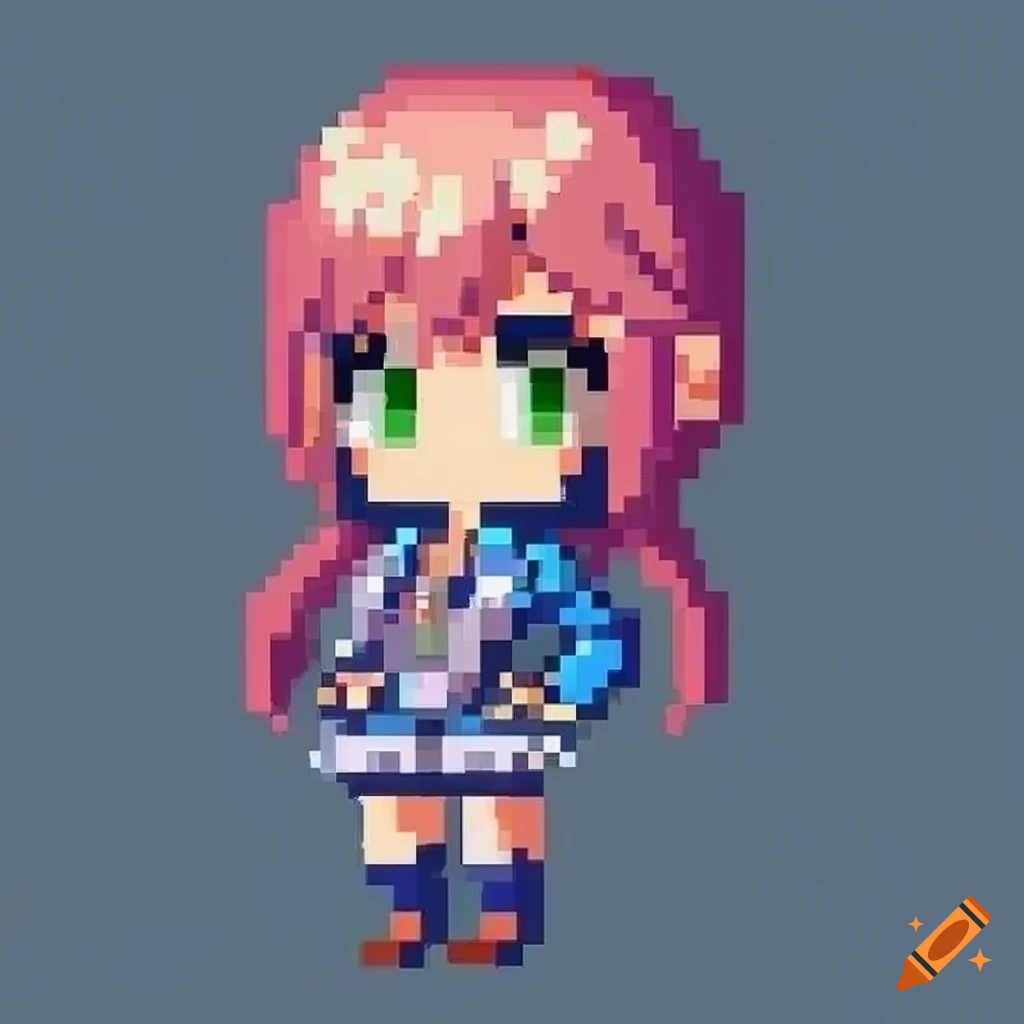 Small 2D anime girl character in pixel art for a platform game on Craiyon