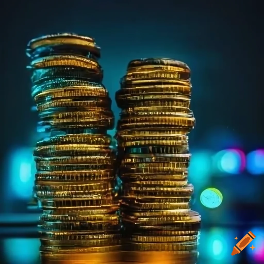 Neon futuristic cityscape with gold coins scattered on the sidewalk on ...