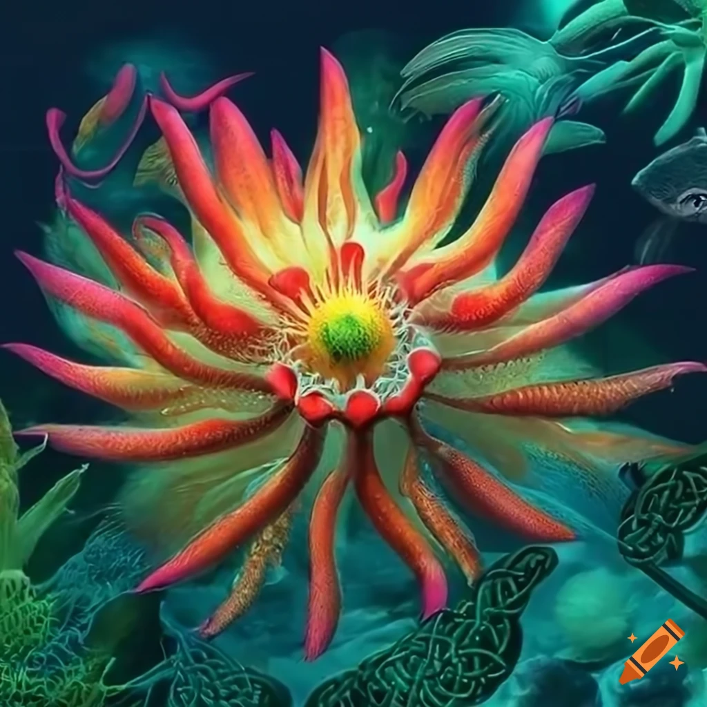 Underwater panorama with aquatic plants and marine animals in Celtic and native Salish designs ...