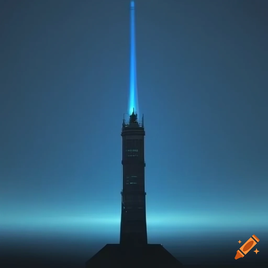 Dark spiky tower emitting light into the sky on Craiyon