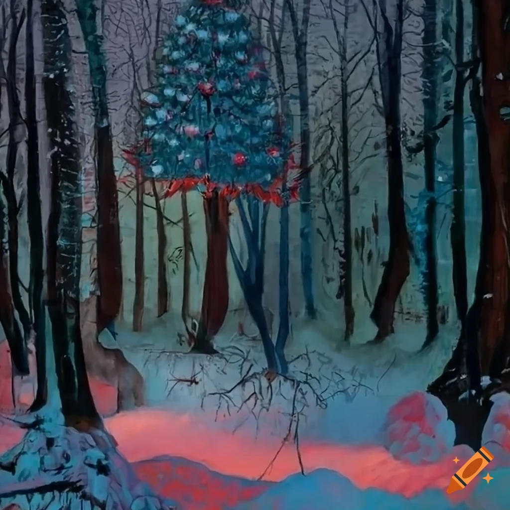 Christmas forest scene with poinsettia trees, evergreens, snow, and ...