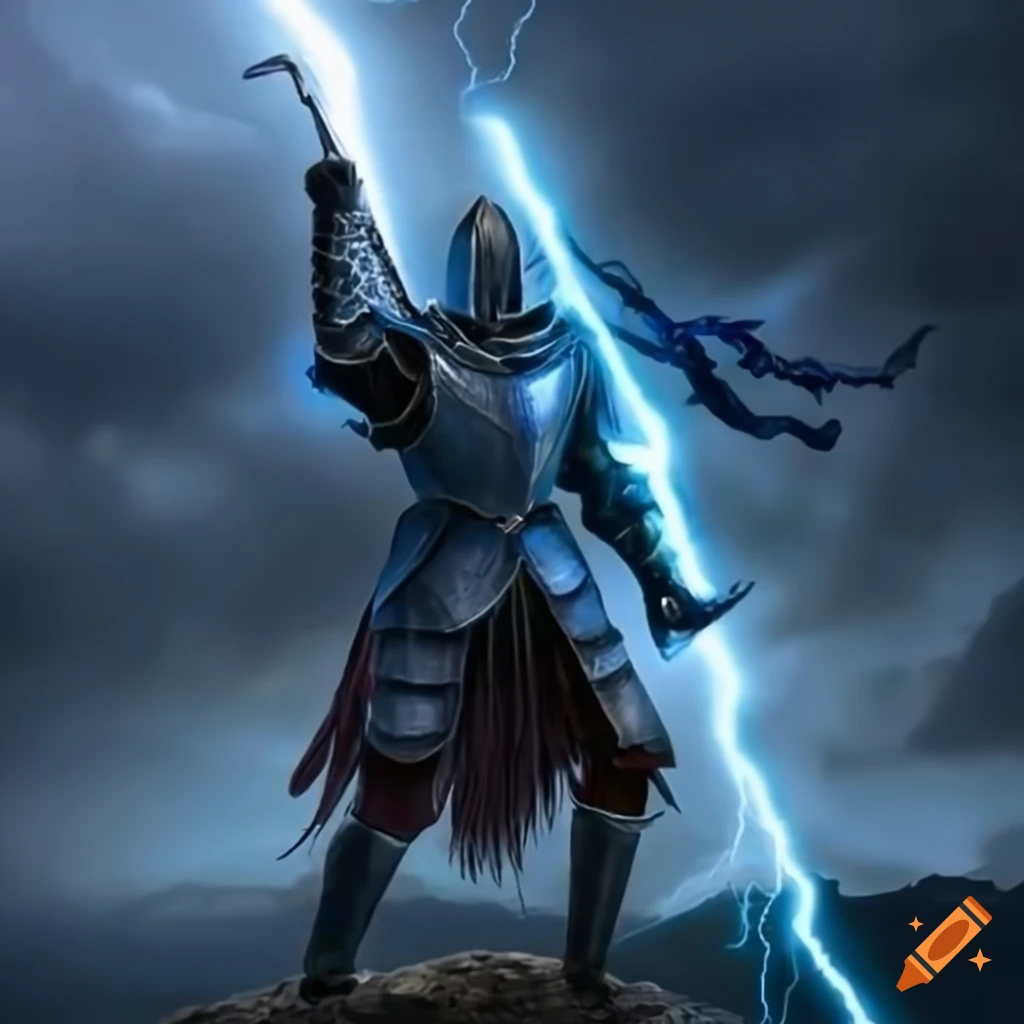 Knight with blue lightning-bolt sword in thunderstorm scene on Craiyon