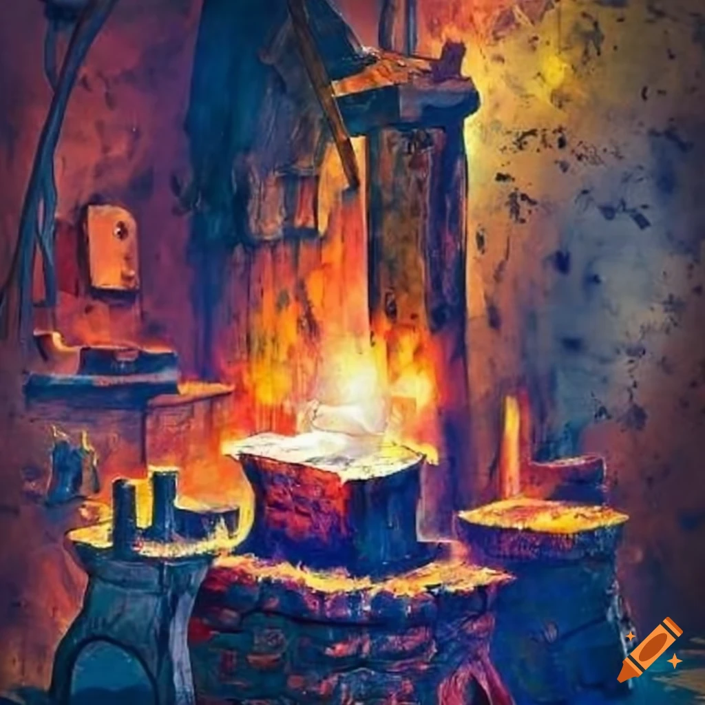 Medieval blacksmith's forge with molten metal casting and tongs on Craiyon