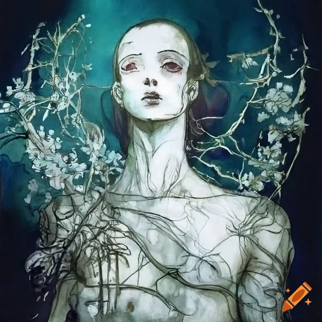 Captivating blend of man cyborg with blossoms, tree branches, and light ...