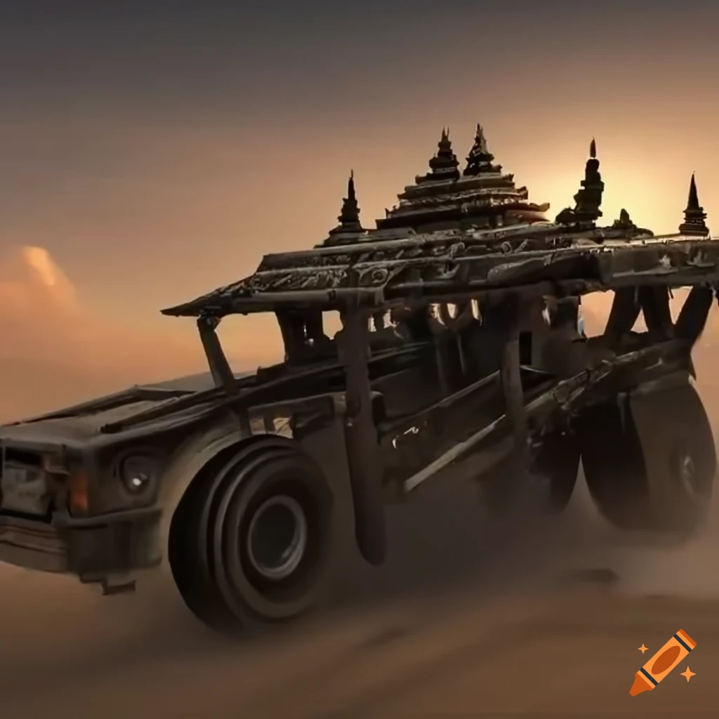 Dark evil temple-vehicle moving through a wasteland at high speed on ...