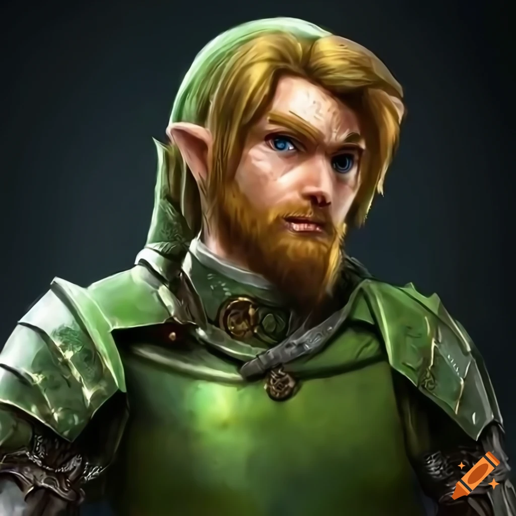 Link in green knight armor with a beard in highly detailed realism on ...