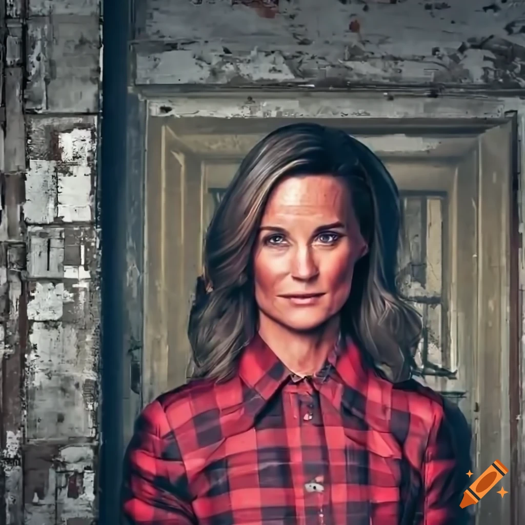 Young Woman In Red Plaid Shirt And Black Leather Trousers Peeking Through Derelict Building Door
