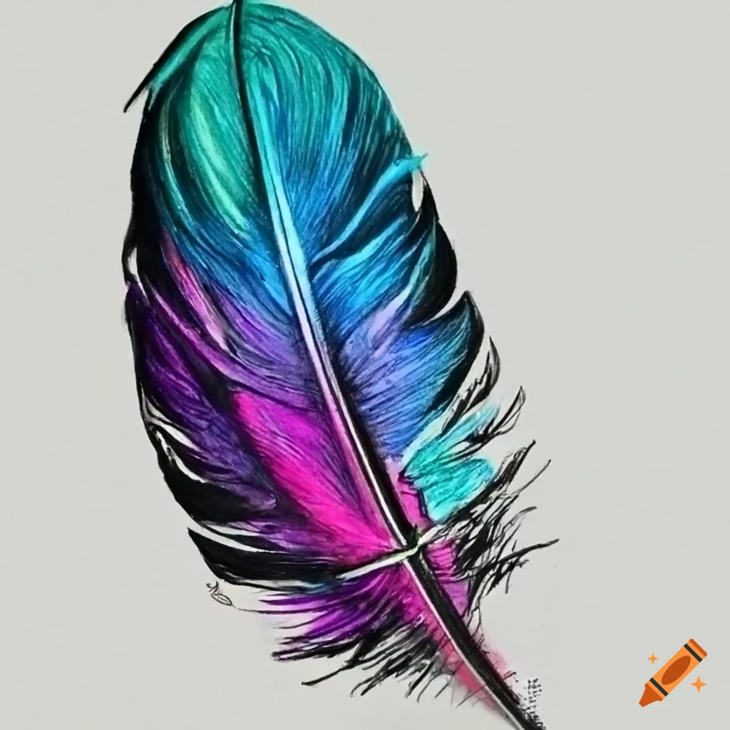 Realistic vibrant colored feather in a pencil sketch on Craiyon