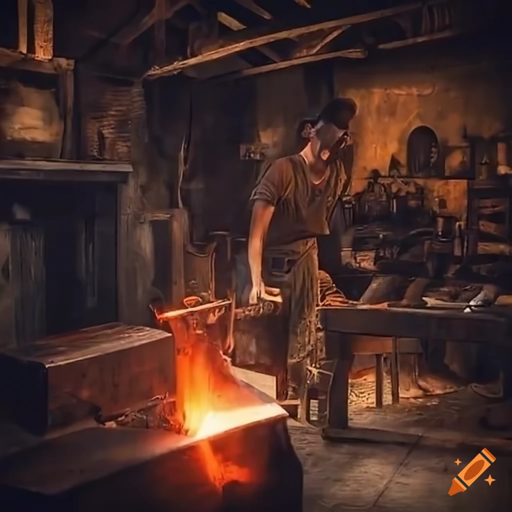 Blacksmith workshop with roaring fire and anvil on Craiyon