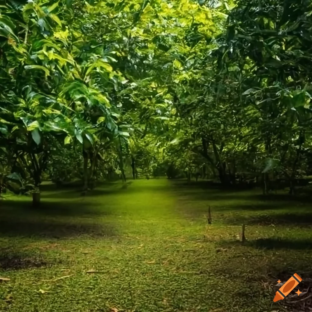 Nutmeg plantation with green leaves and ripe nuts on Craiyon