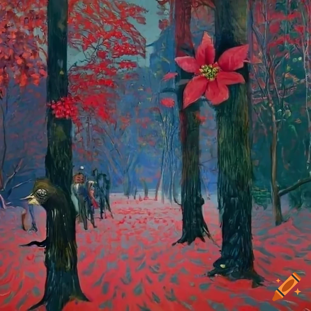 Illustration of a festive Christmas forest scene with poinsettia trees ...