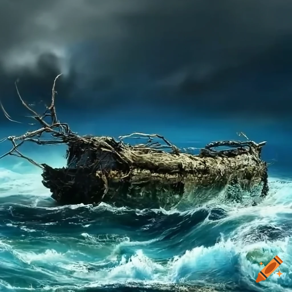 Primitive log and vine ark on a stormy sea on Craiyon