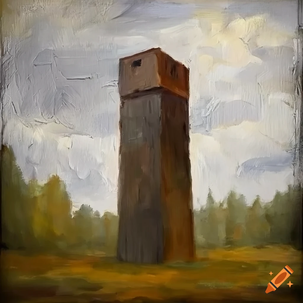 Rectangular tower in a forest under cloudy skies in a moody setting on ...