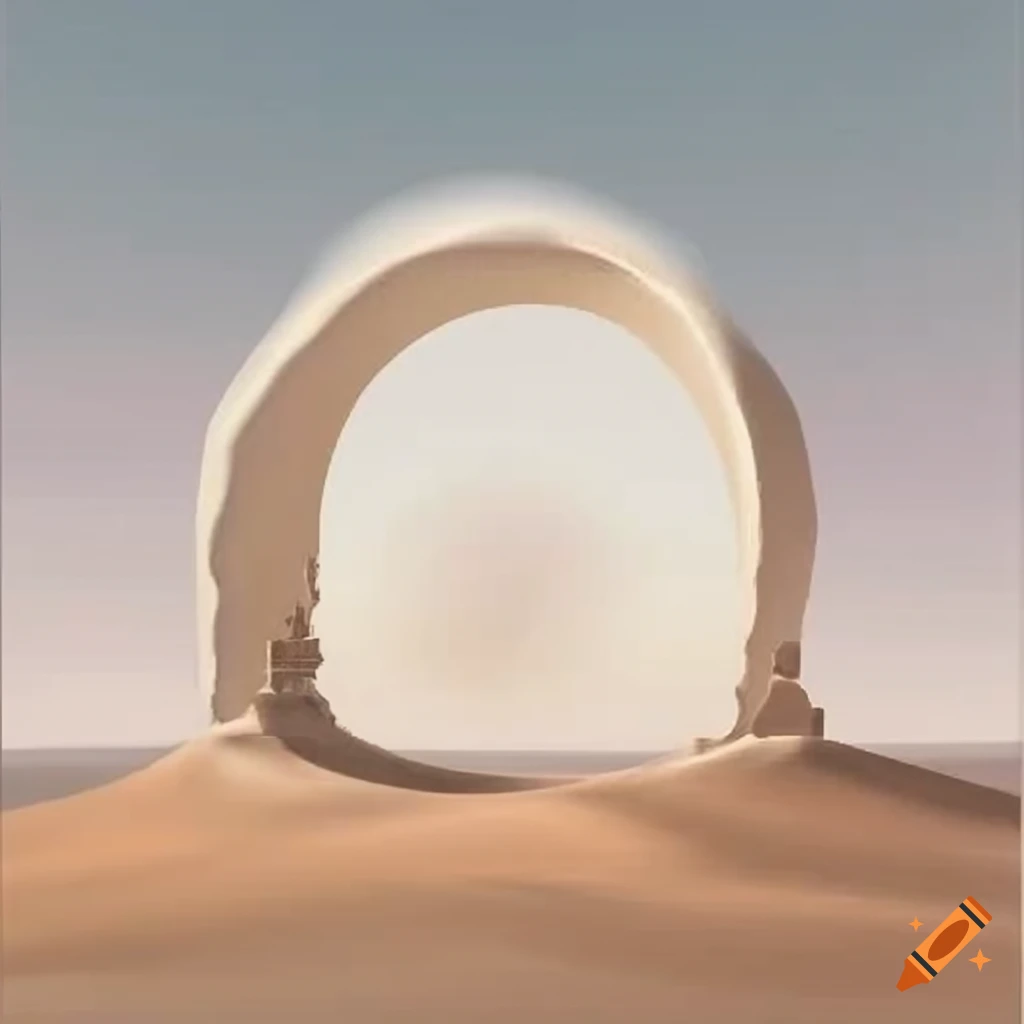 Large curved white structure resembling a portal with a desert scene ...