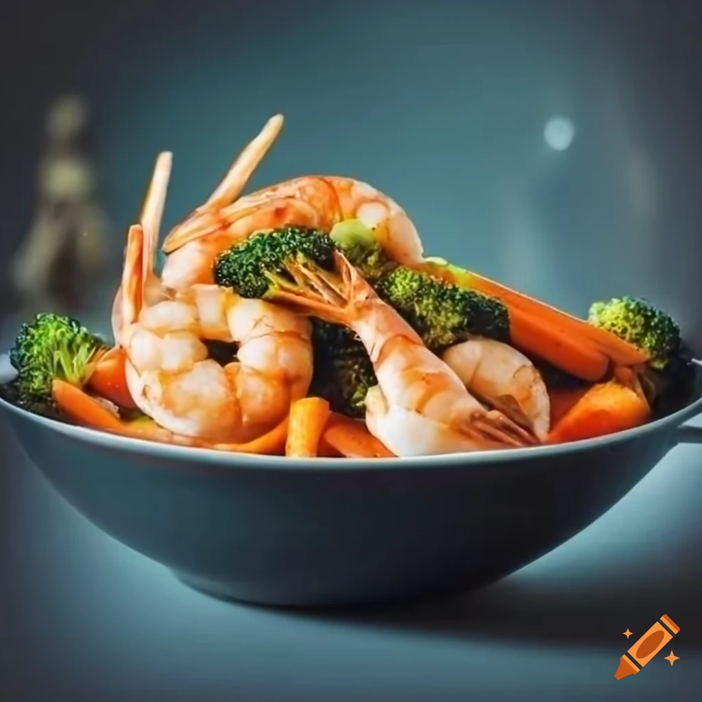 Side view of butter prawns with carrots and broccoli in a bowl on Craiyon
