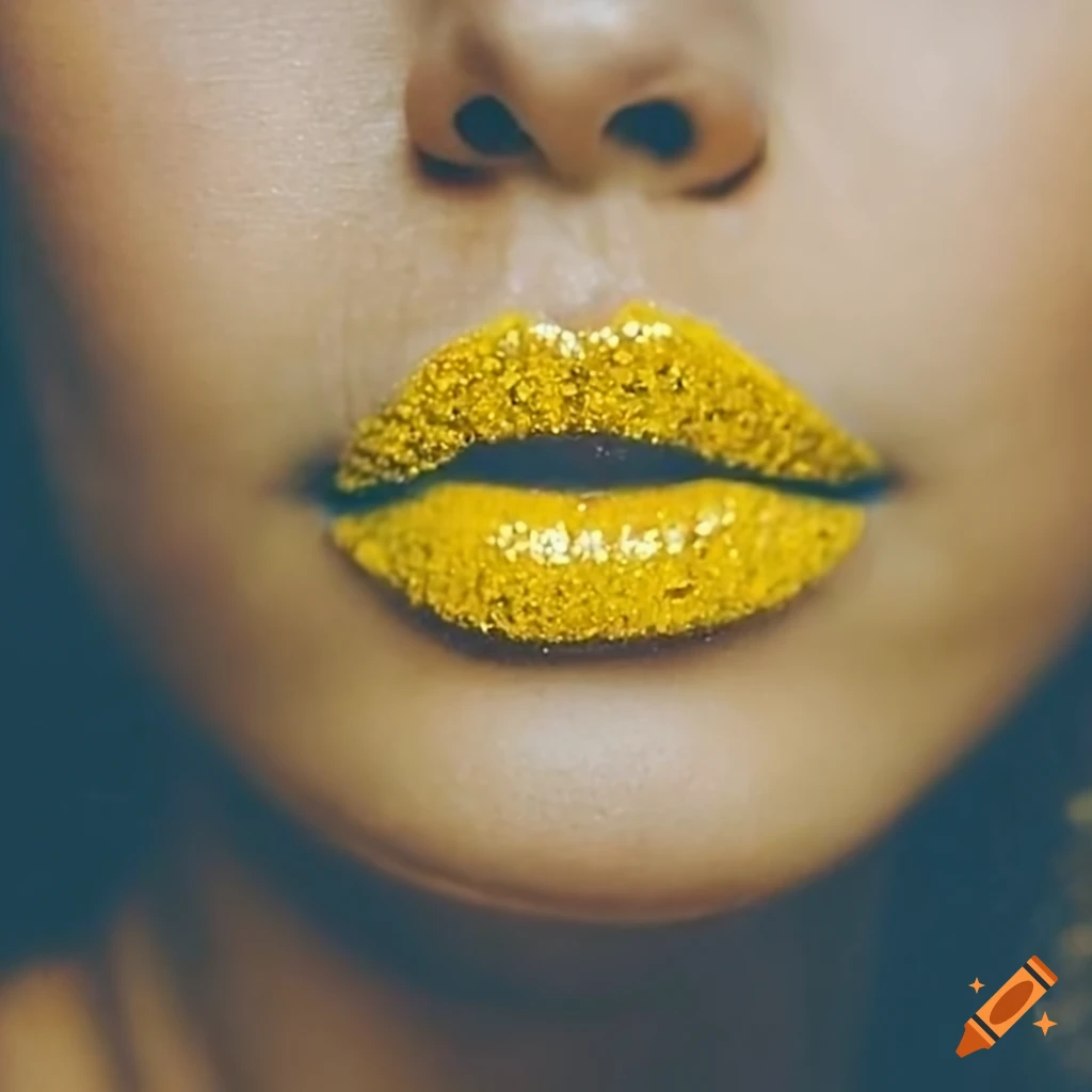 Close-up of woman's lips painted with yellow glitter on Craiyon