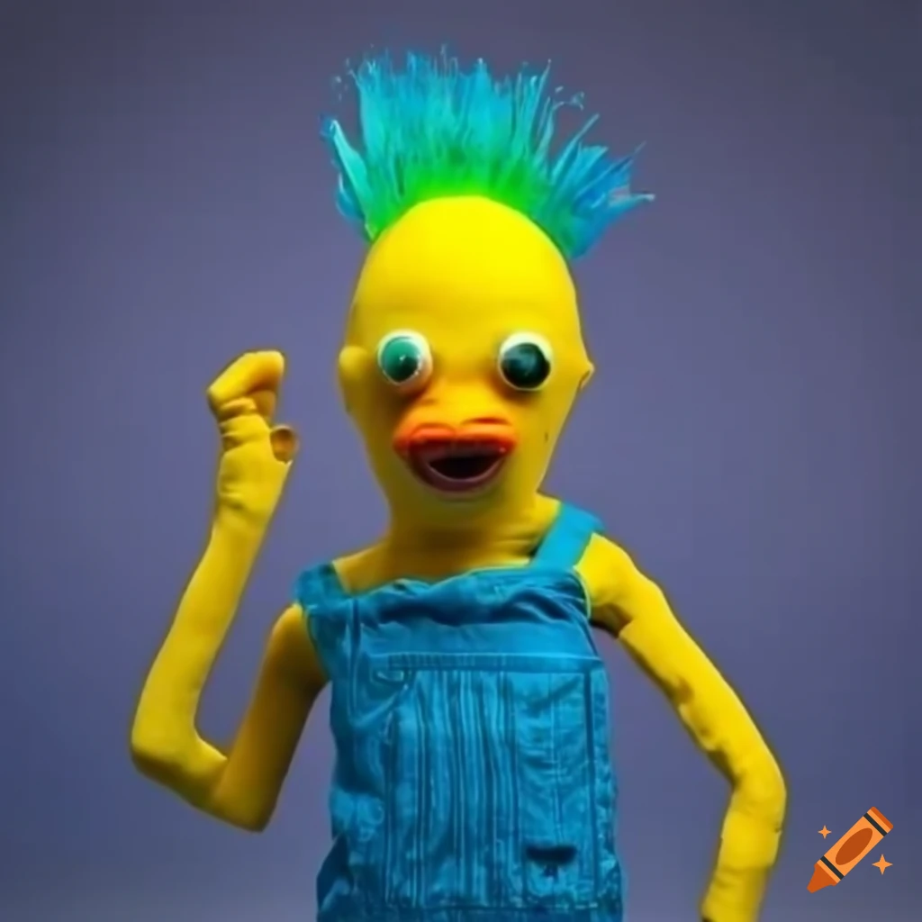 Yellow character with big orange nose and blue mohawk on Craiyon