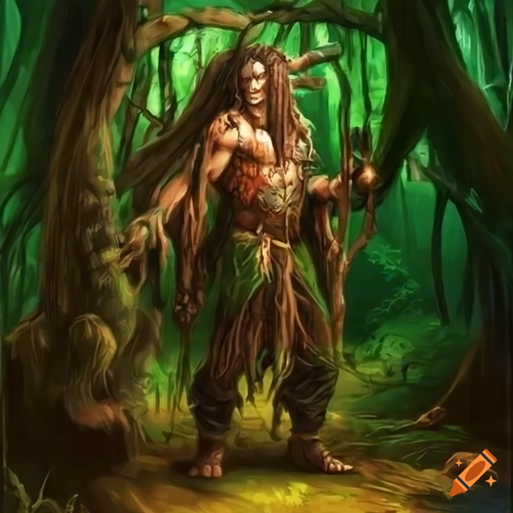 Male jungle druid with dreadlocks in a fantasy art setting on Craiyon