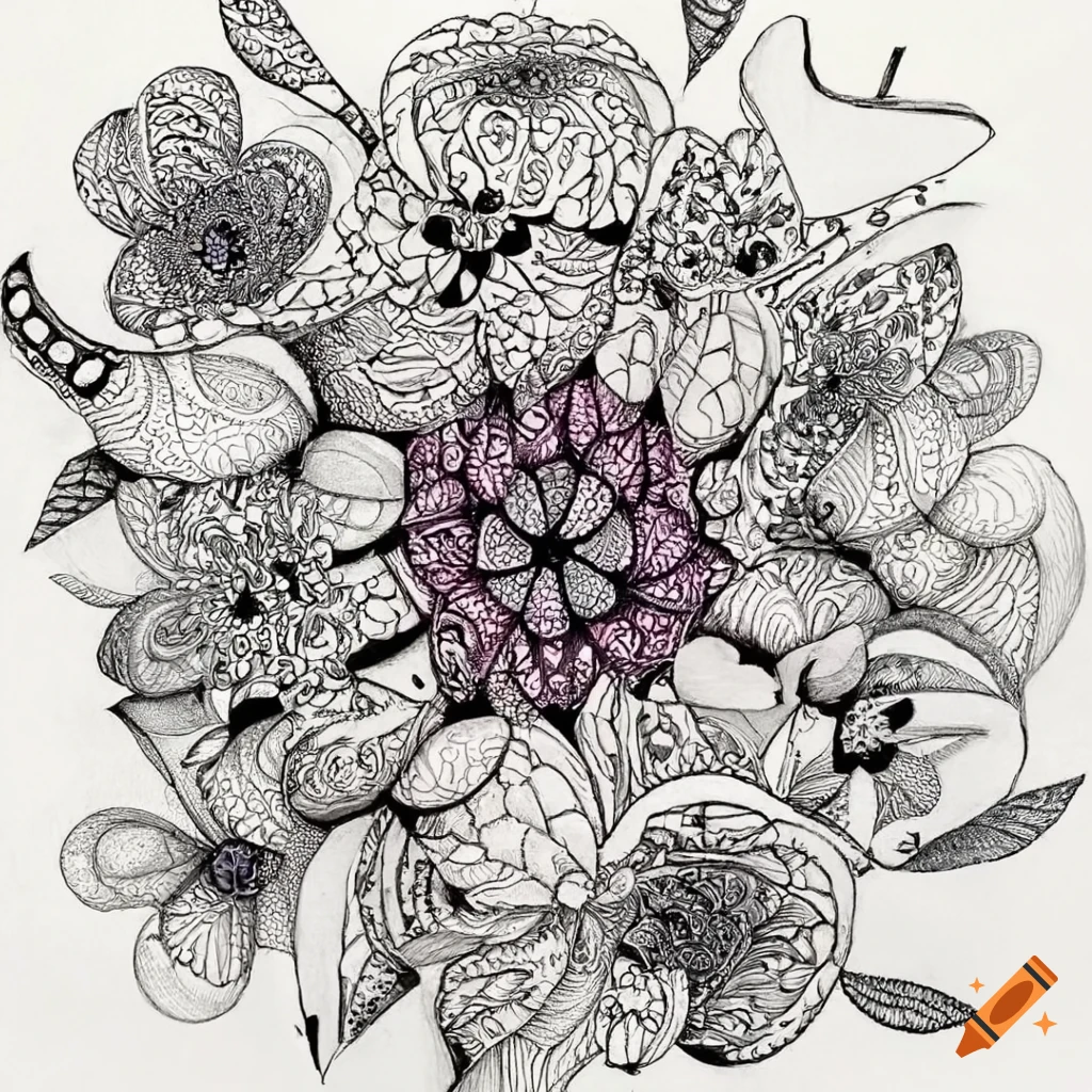 Zentangle drawing of vibrant flowers symbolizing life cycles on Craiyon