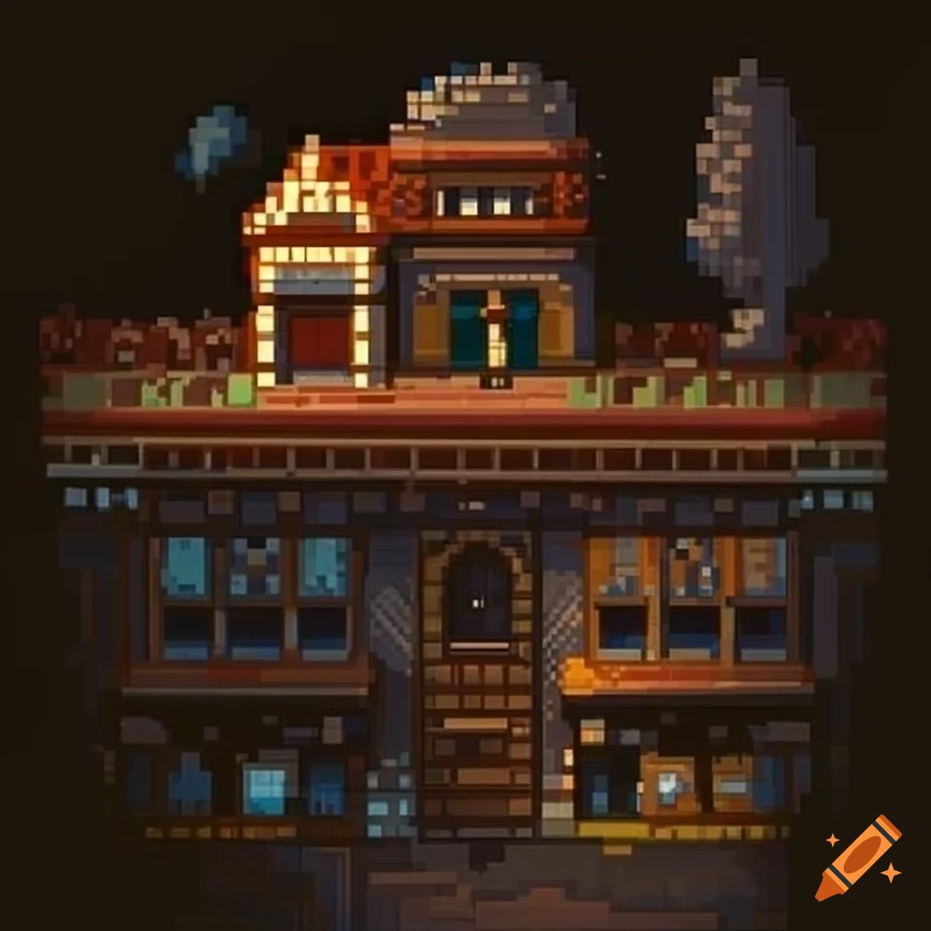 2D pixel art of an old train station with a locomotive on Craiyon